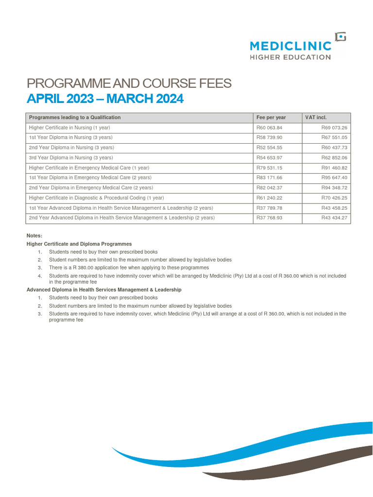 Mediclinic Programme and Course FeesFY24 | PDF | Nursing | Diploma