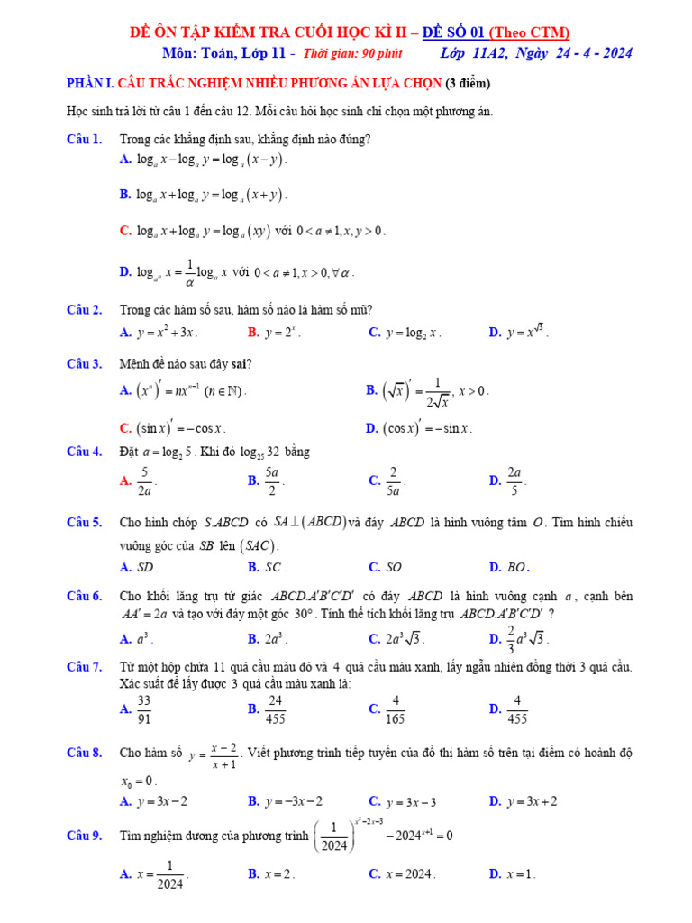 24 4 24 ĐA HDG ĐỀ ÔN TẬP SỐ 01 KT CHK2 Gửi Lớp 11A2 | PDF