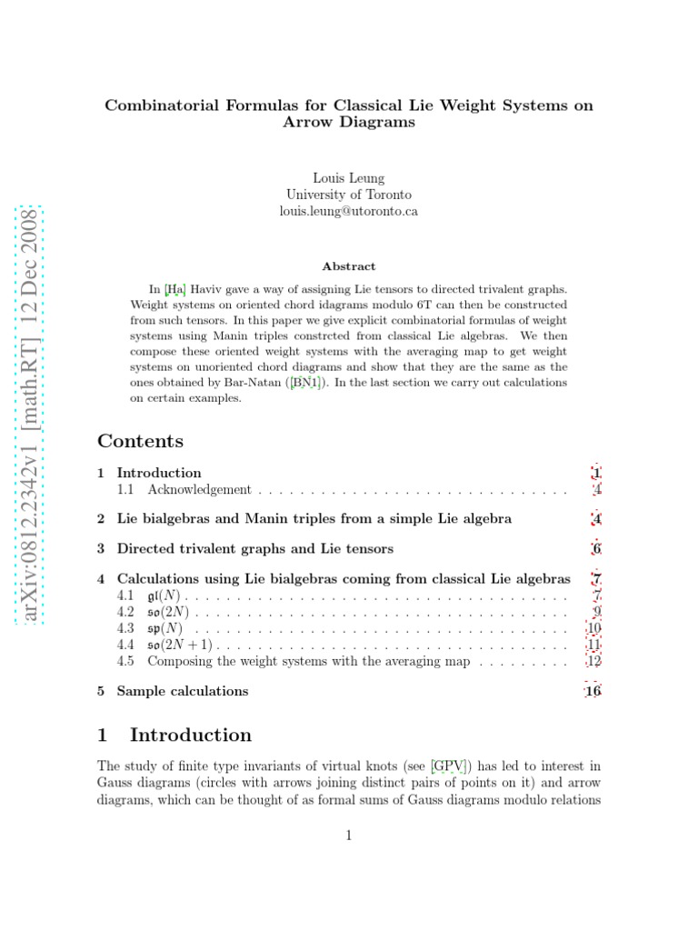 Louis Leung - Combinatorial Formulas For Classical Lie Weight Systems ...