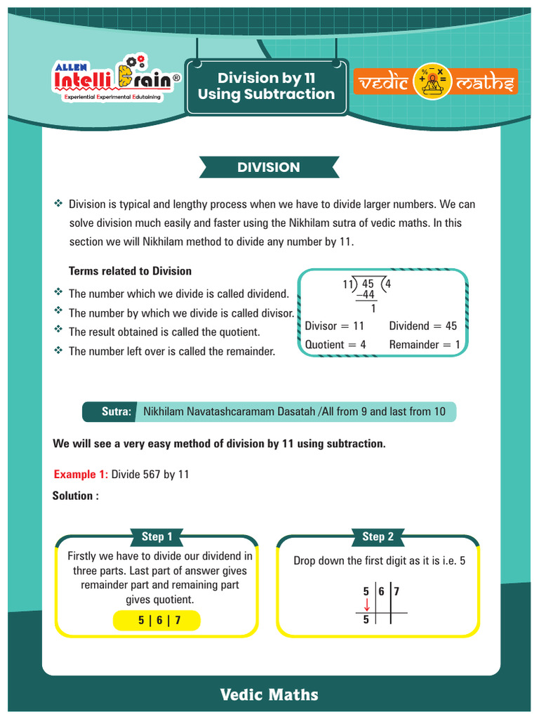 Handout - Division by 11 Using Subtraction - WEB | PDF | Division (Mathematics) | Arithmetic