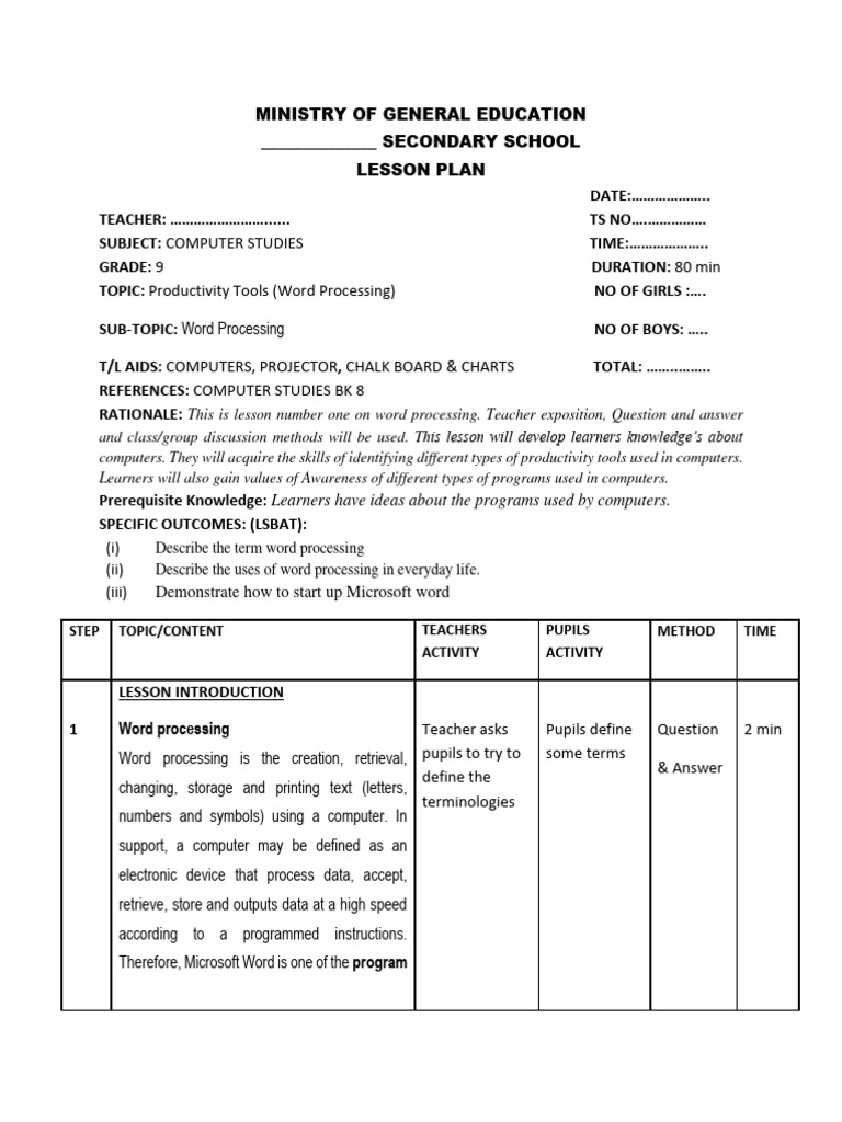 Grade 9 Computer Studies Lesson Plan | PDF | Spreadsheet | Microsoft Excel