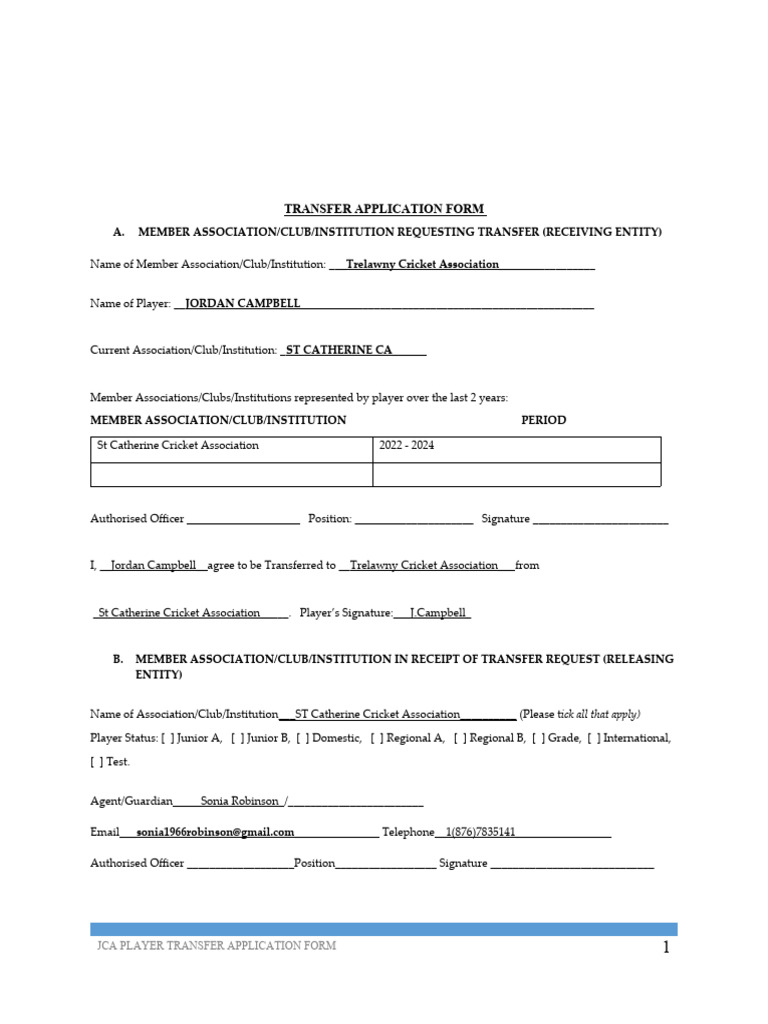 Cricket Player Transfer Application Form | PDF | Finance & Money Management