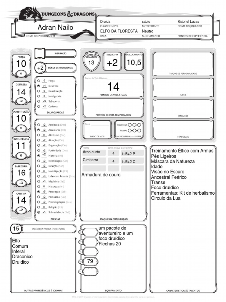 Personagem Druida: Adran Nailo | PDF