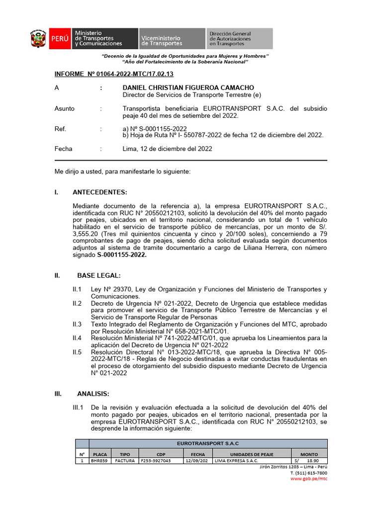 Informe #01064-2022-MTC S-001155-2022 | PDF