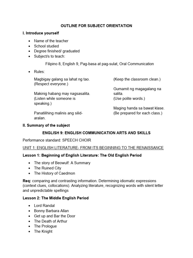 Outline For Subject Orientation (English 9) | PDF | English Language | Word