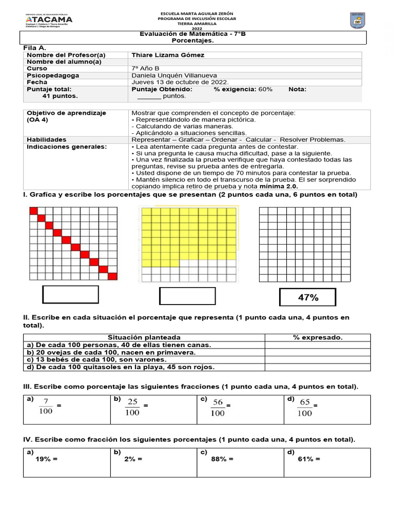 Evaluación de Matemática Porcentajes 7° año , Fila A. | PDF
