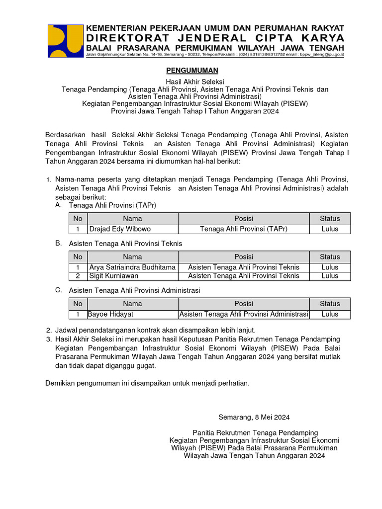 Pengumuman Akhir TAPr Dan Asisten Pisew Tahap I TA 2024 | PDF