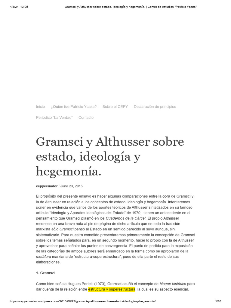 Gramsci y Althusser Sobre Estado, Ideología y Hegemonía. - Centro de Estudios - Patricio Ycaza ...