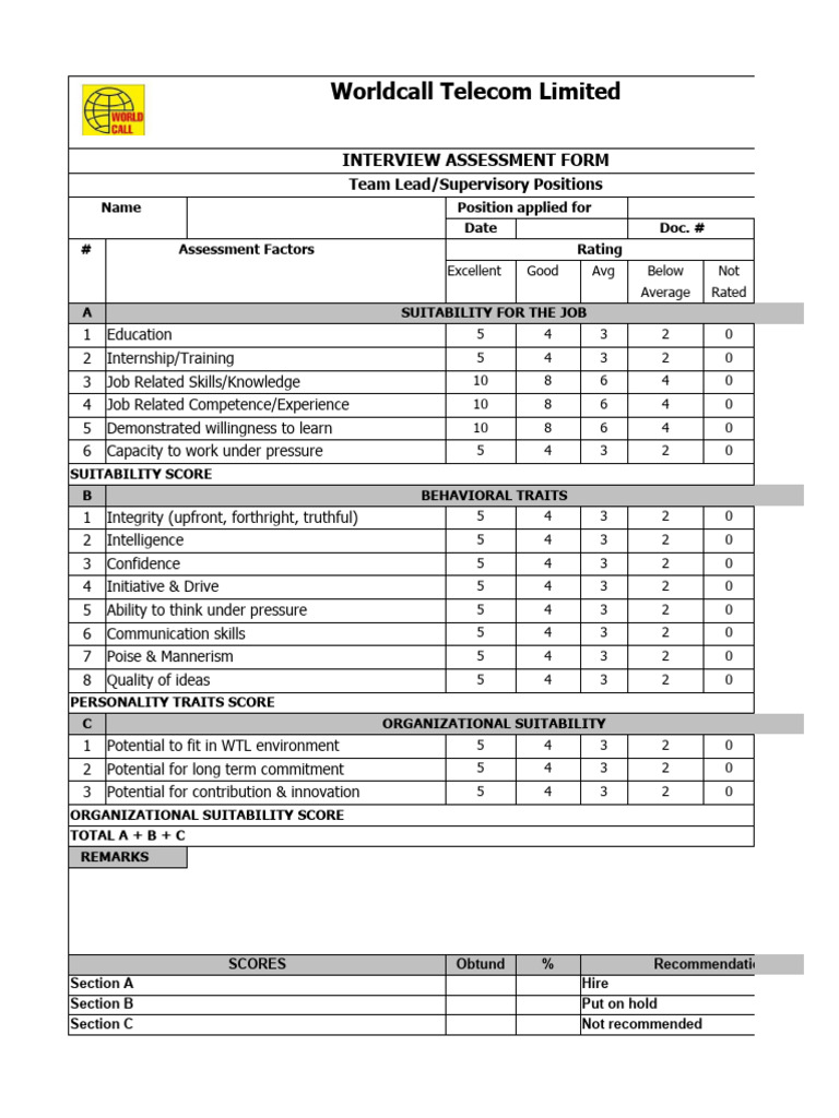 Interview Assessment Form PDF Organizational Behavior Applied