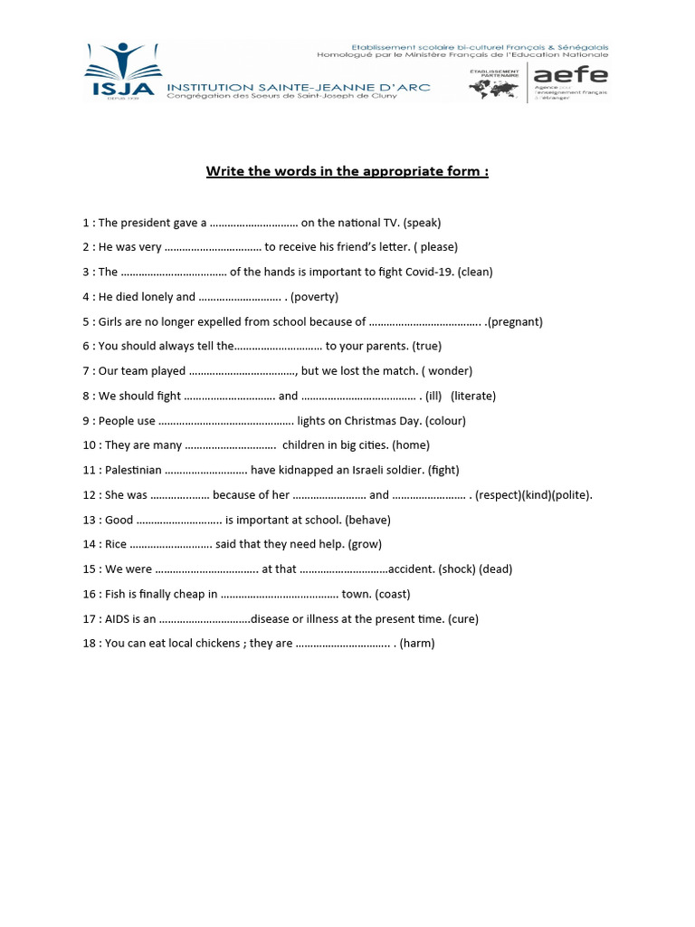 Word Form Exercises for Language Skills | PDF | Sports & Recreation ...