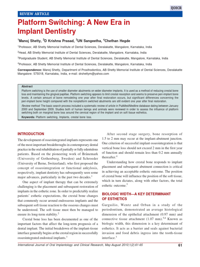 Platform Switching A New Era in Implant | PDF | Dental Implant | Dentistry