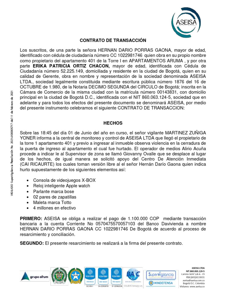 Contrato de Transaccion Aruma | PDF
