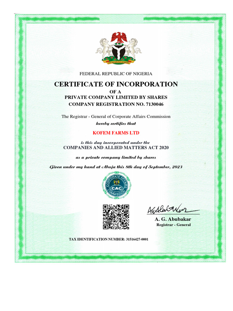 KOFEM FARMS LTD Incorporation Certificate | PDF