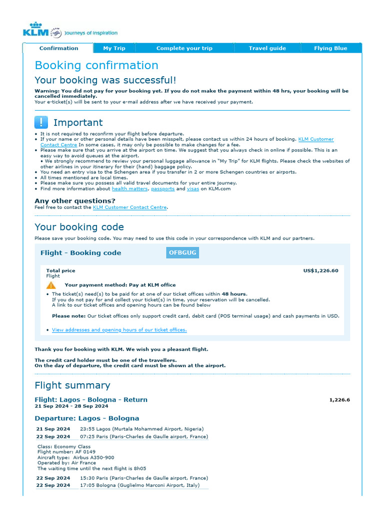 KLM Booking Confirmation Details | PDF | Fee | Aviation