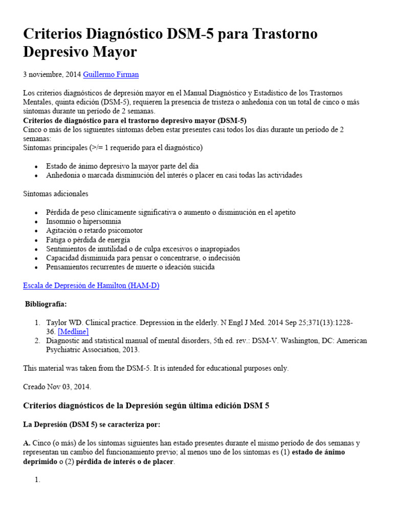 Criterios Diagnóstico DSM | PDF | Trastorno depresivo mayor | Depresión ...