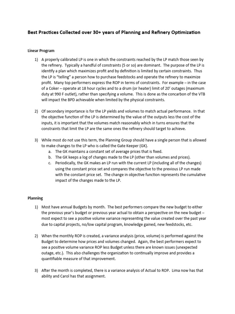 Refinery Optimization Best Practices | PDF | Variance | Profit (Economics)