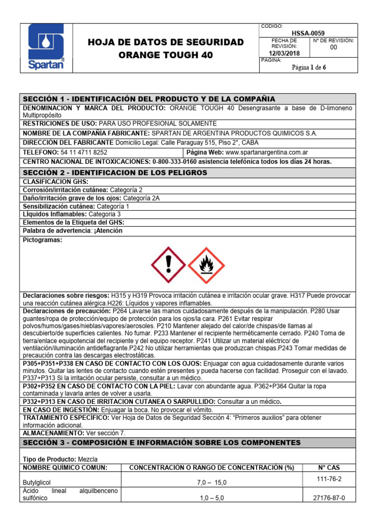 1-HOJA DE DATOS DE SEGURIDAD ORANGE TOUGH 40 HDS Orange Tough 40 ...