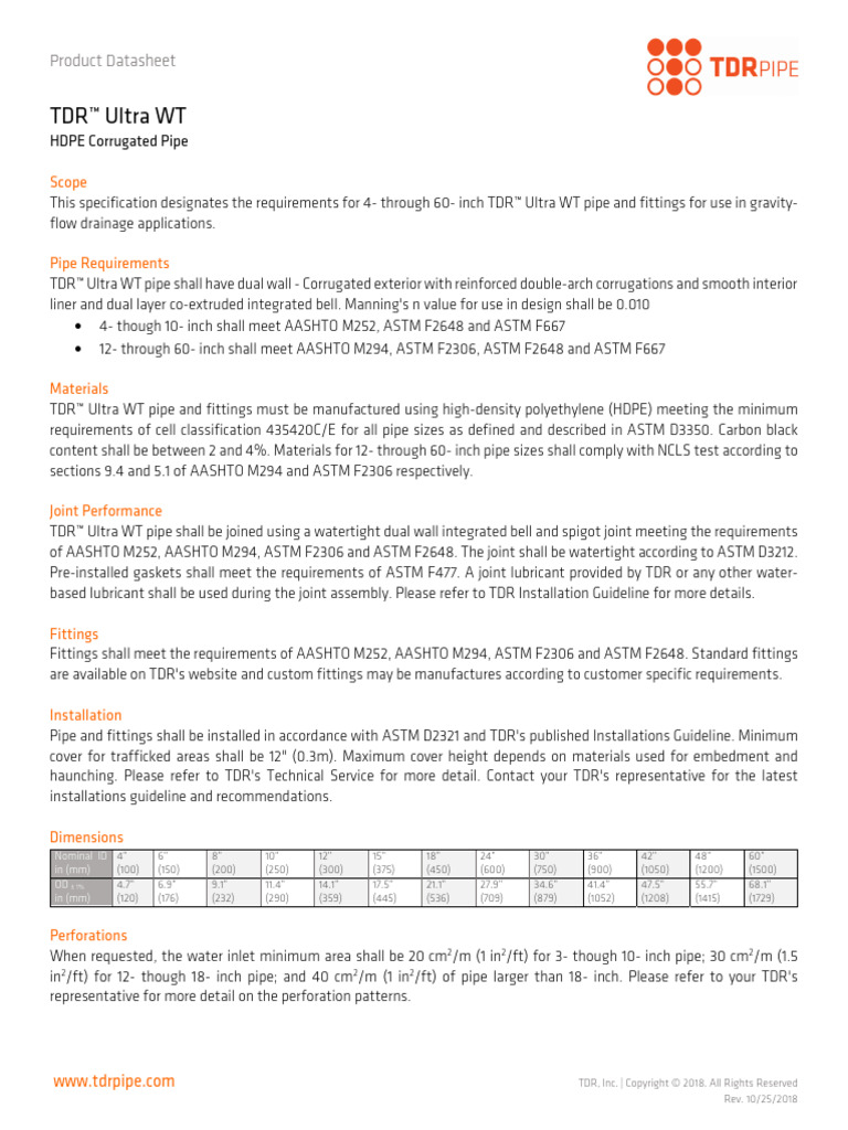TDR™ Ultra WT HDPE Pipe Datasheet | PDF | Pipe (Fluid Conveyance ...
