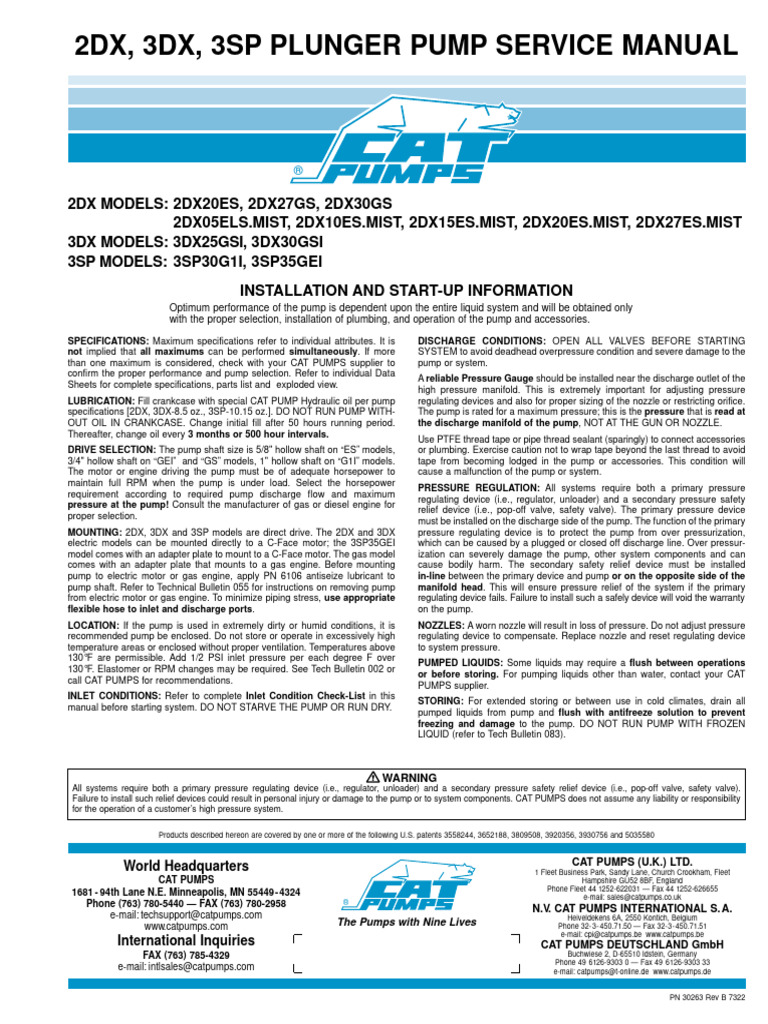 Cat Pump 2DX, 3DX, 3SP Plunger Pump Service Manual | PDF | Pump | Pipe ...