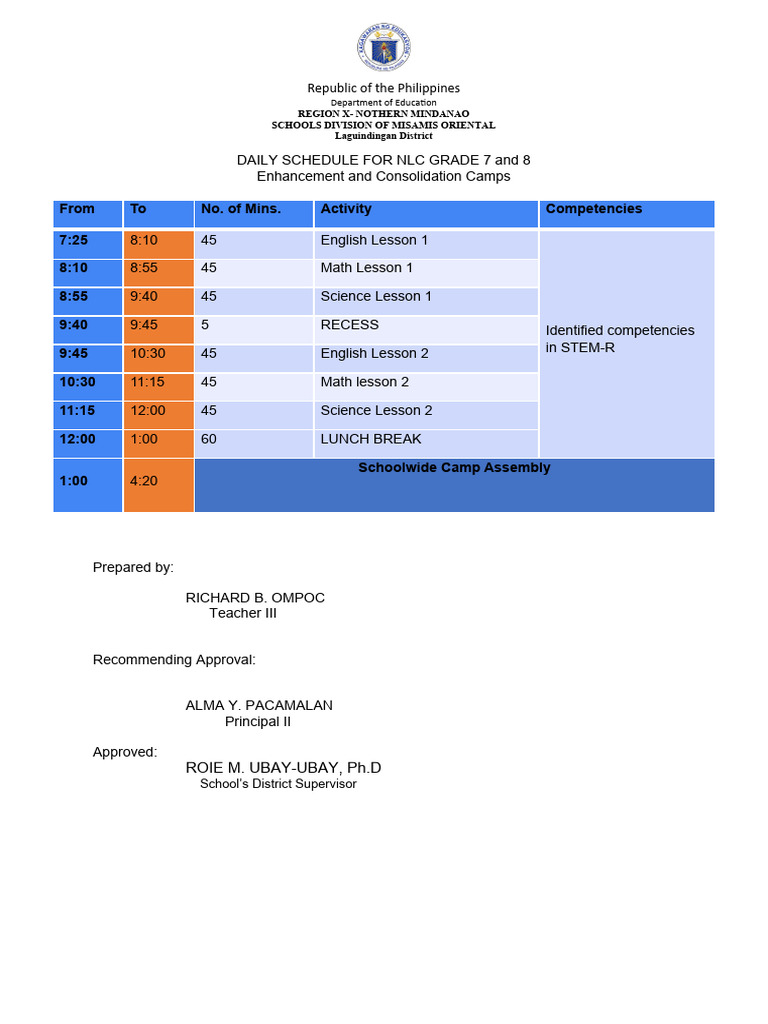 DAILY SCHEDULE FOR NLC GRADE 7 and 8 | PDF