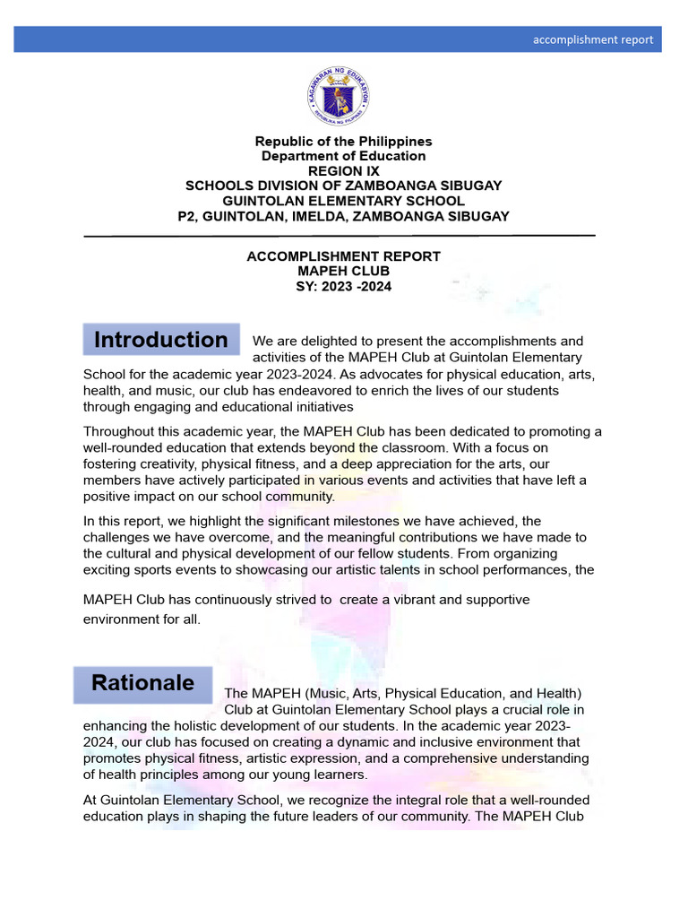 MAPEH Club Accomplishment | PDF | Physical Education | Physical Fitness