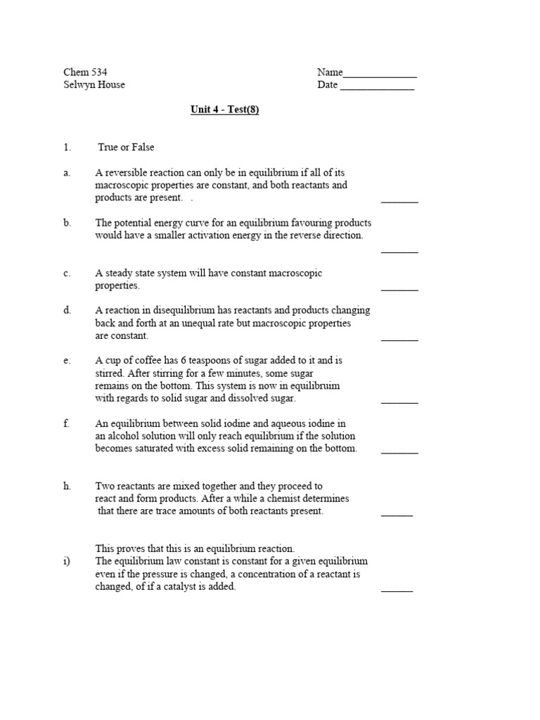 Equilibrium Reactions Test Questions | PDF | Chemical Equilibrium ...
