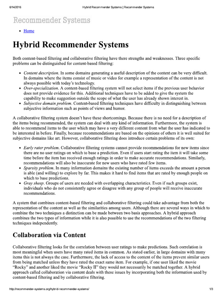 Hybrid Recommender Systems - Recommender Systems | PDF