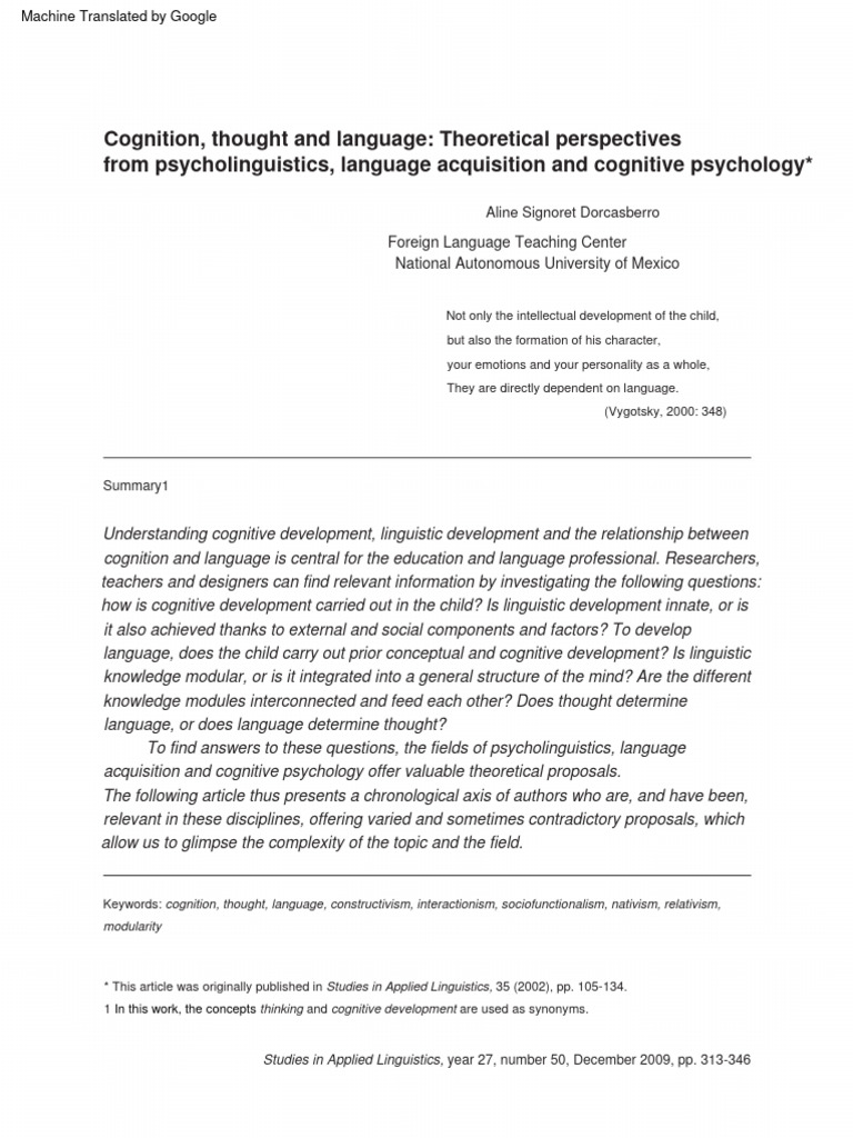 Cognition, Thought and Language: Theoretical Perspectives From ...