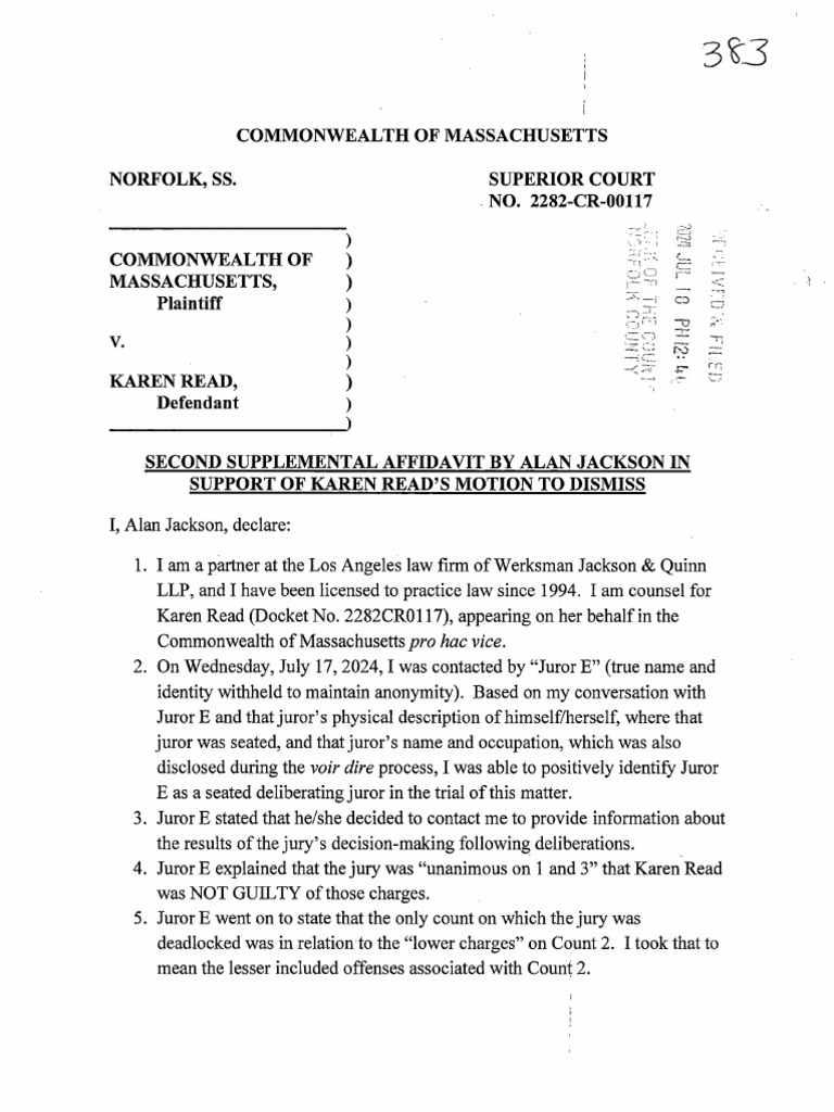 Second Supplemental Affidavit by Alan Jackson in Support of Karen Read's Motion To Dismiss | PDF