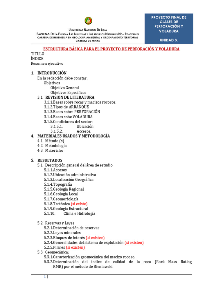 Esquema BASICO para Estructurar El Proyecto de Perf y Voladura | PDF | Geología | Ciencias de la ...