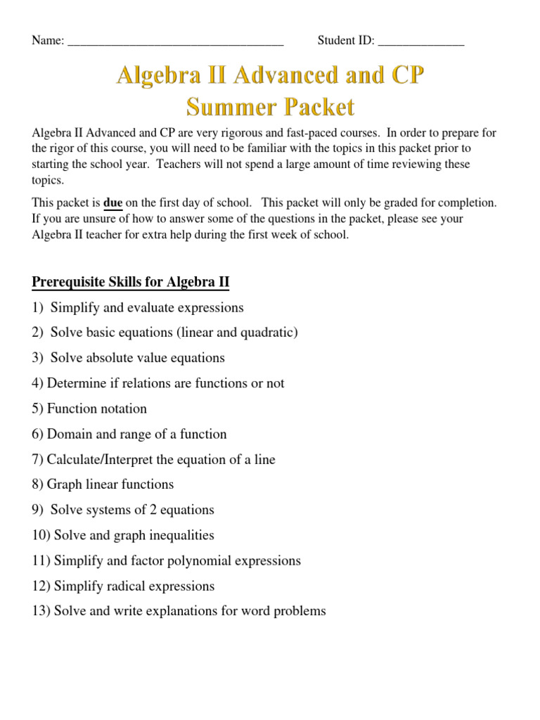 Algebra II Prep Packet | PDF | Algebra | Function (Mathematics)