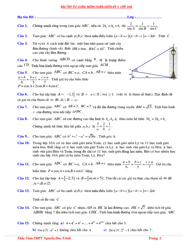 BÀI TẬP TỰ LUẬN MÔN TOÁN GK1 LỚP 10A | PDF