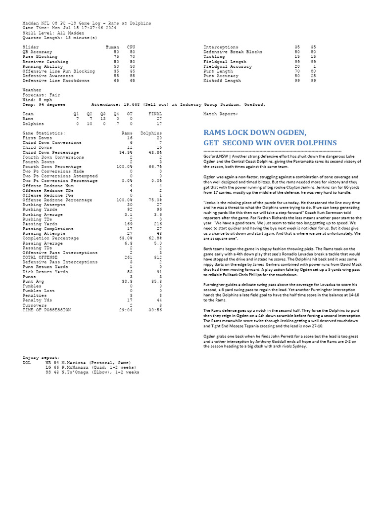 Rams at Dolphins | PDF | American Football | Team Sports
