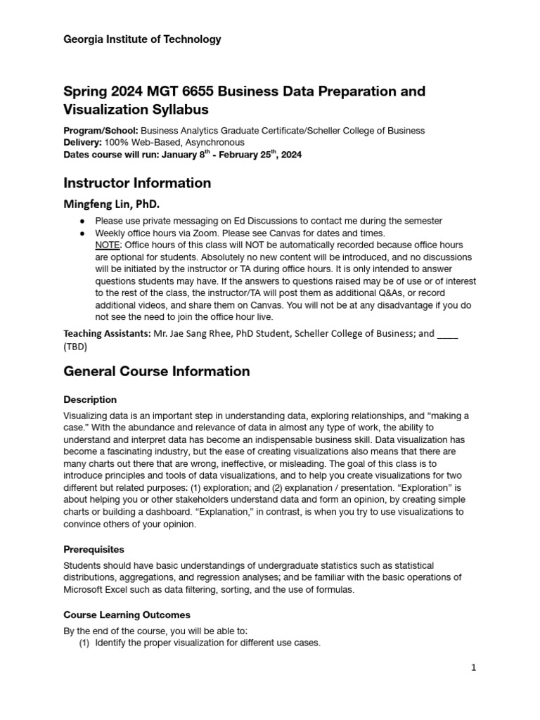 MGT 6655-Business Data Prep and Visualization Syllabus-Spring 24 | PDF | Plagiarism | Internet Forum