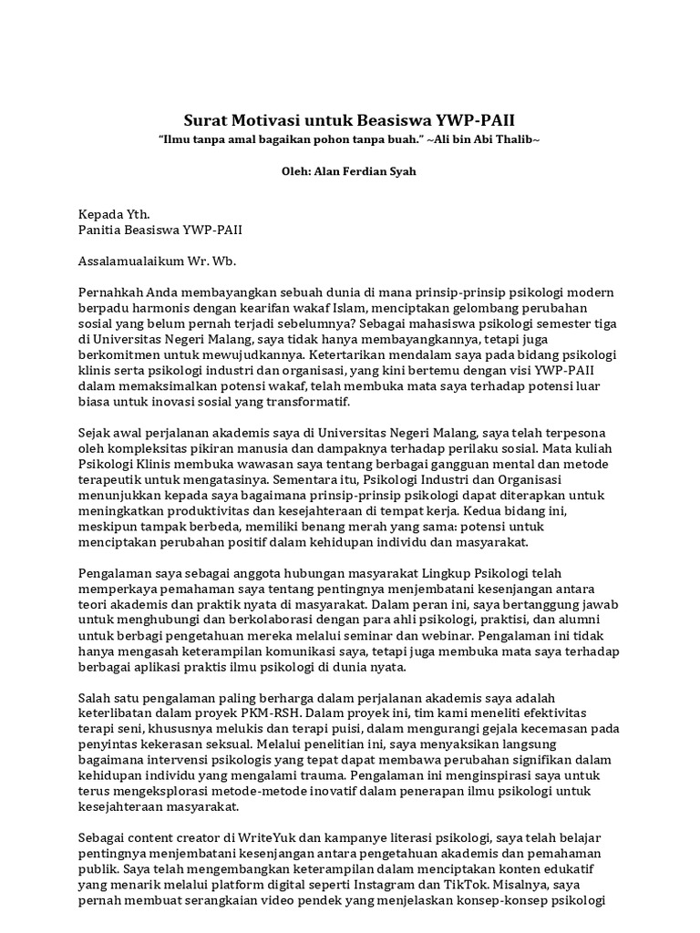 Motivation Letter - Alan Ferdia Syah | PDF | Pengembangan Diri