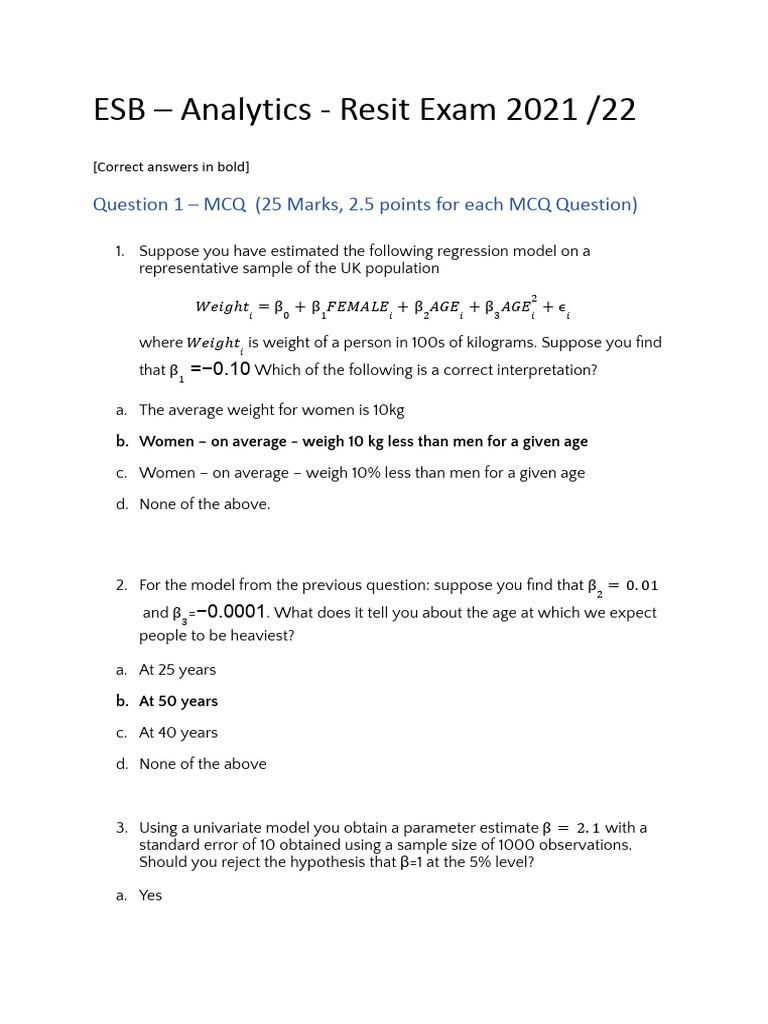 ESB2021 Resit With Solution | PDF | Errors And Residuals | Regression Analysis