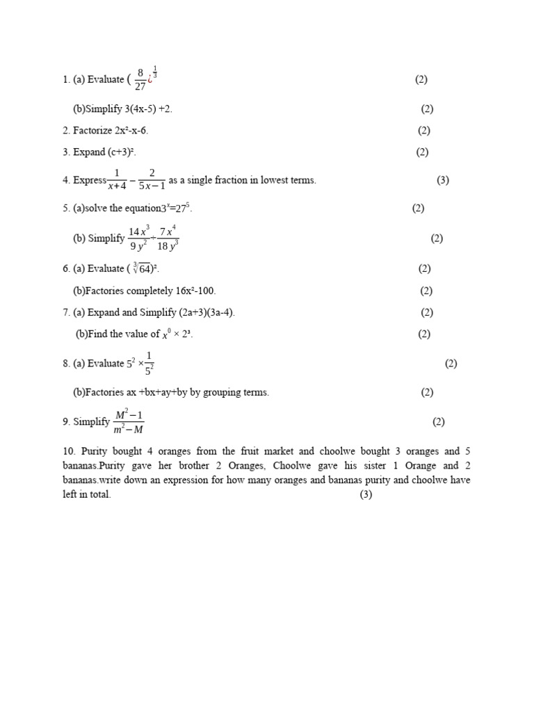 Grade - 10 - Mid Mathstest (1) Mwaba | PDF