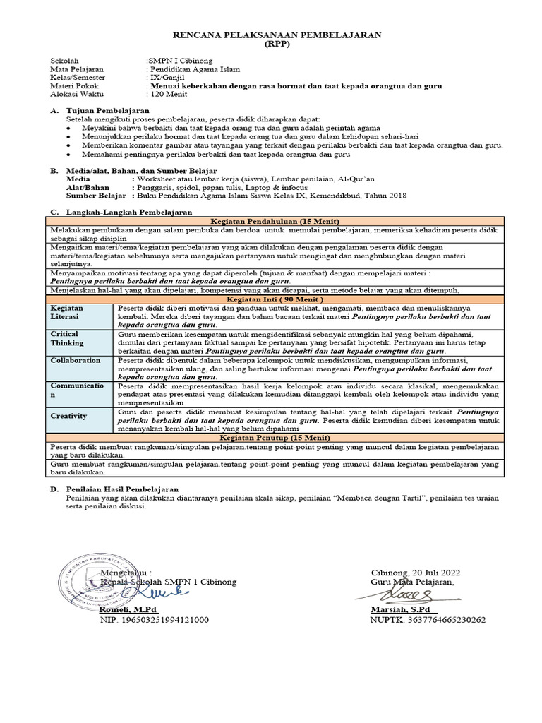 RPP No 3 Menuai Keberkahan Dengan Rasa Hormat Dan Taat Kepada Orang Tua ...