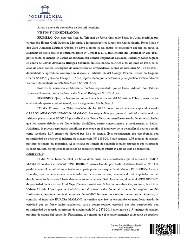 Juicio por Manejo Ebrio y Lesiones en Arica | PDF | Chile | Licencia de ...