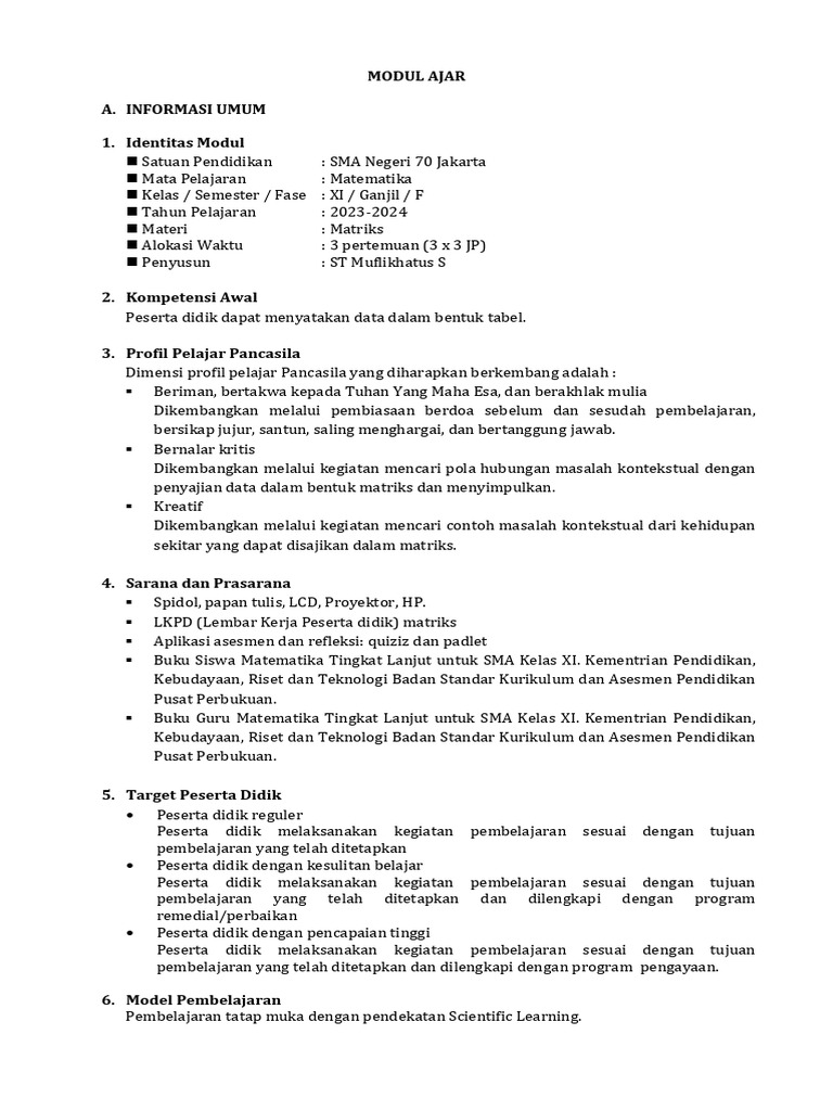 Modul Ajar Matematika - Matriks - Fase F | PDF | Komputer