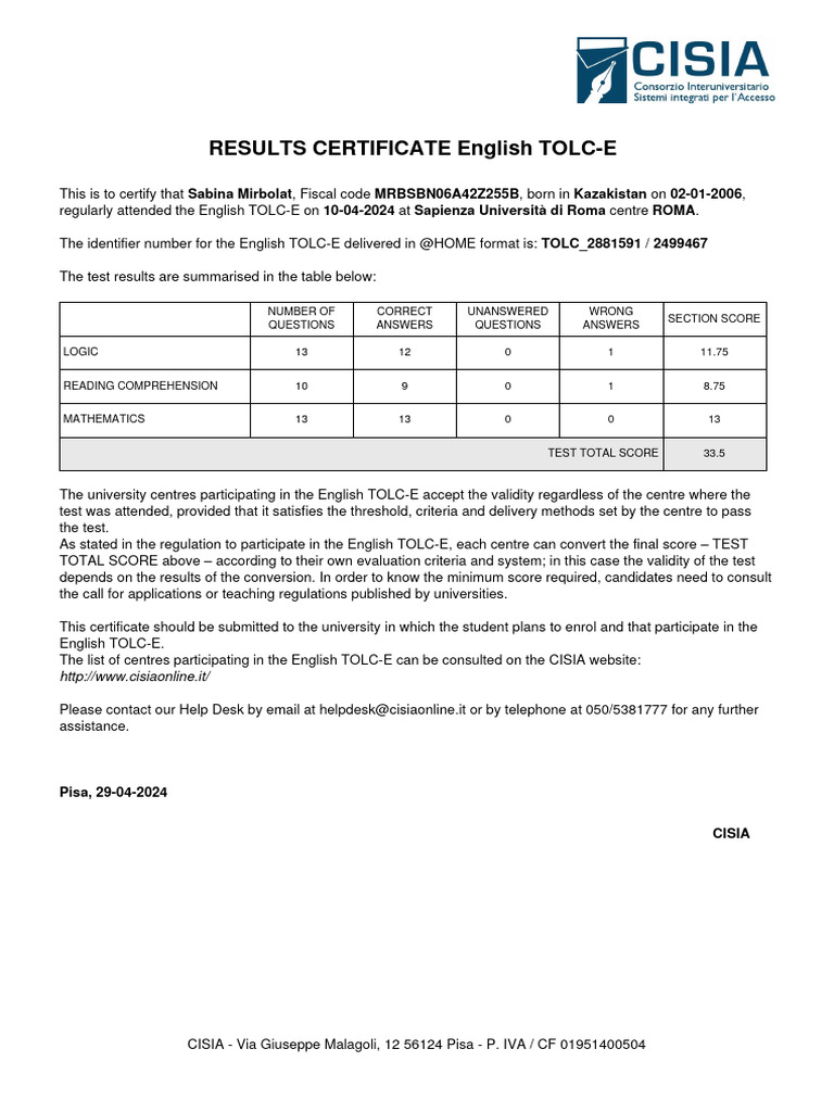 Results Certificate Tolc 2881591 | PDF
