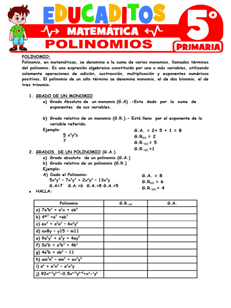 Polinomios para Quinto Grado de Primaria | PDF | Polinomio | Álgebra abstracta