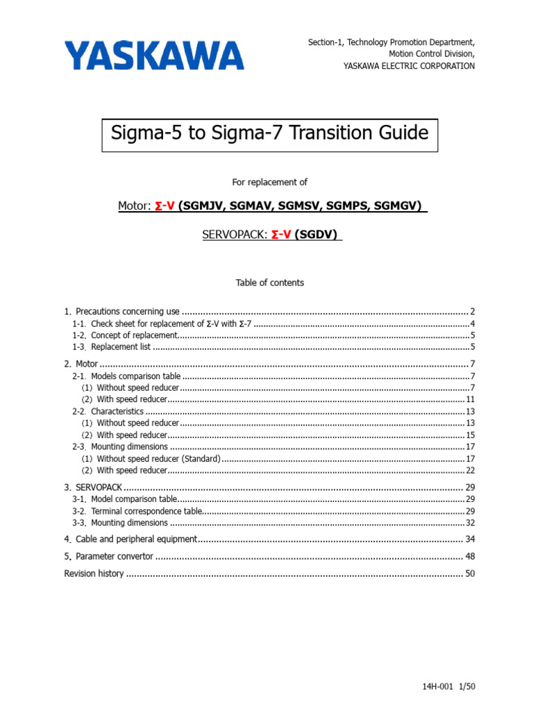 Sigma-5 To Sigma-7 Transition Guide: Motor: (SGMJV, Sgmav, SGMSV, SGMPS, SGMGV) Servopack: (SGDV ...
