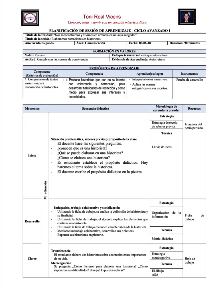 Planificaci Planificación de Ón de Sesión de Sesión de Aprendizaje Aprendizaje Ciclo Avanzado 1 ...
