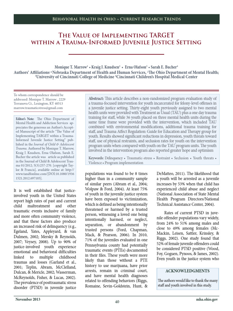The Value of Implementing TARGET Within A Trauma Informed Juvenile ...