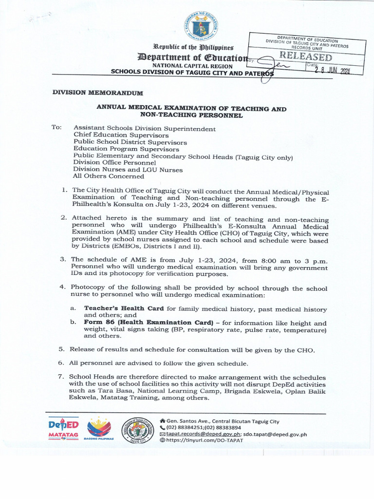 Annual Medical Examination of Teaching and Non Teaching Personnel | PDF