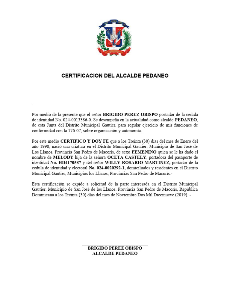 CERTIFICACION DE ALCADE PEDANEO (MELODY) | PDF