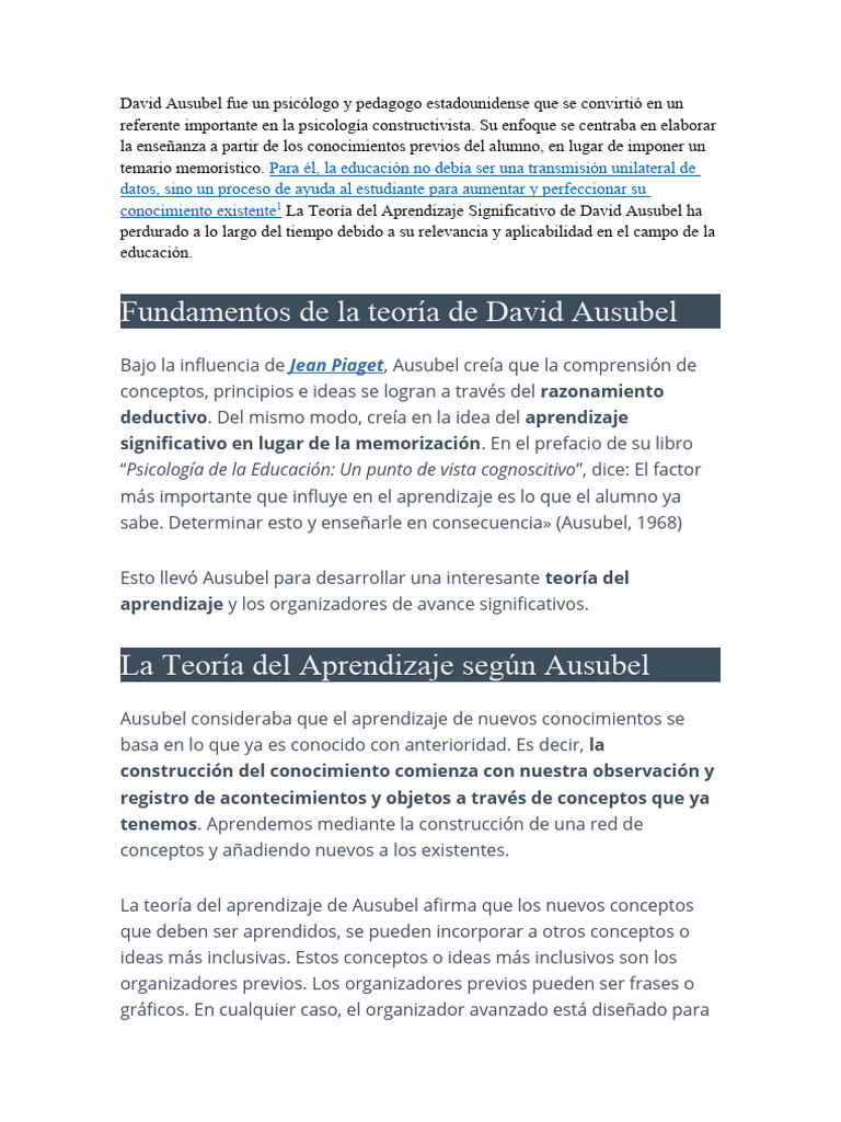 David Paul Ausubel Fue Un Psicólogo Estadounidense Cuya Cont | PDF ...