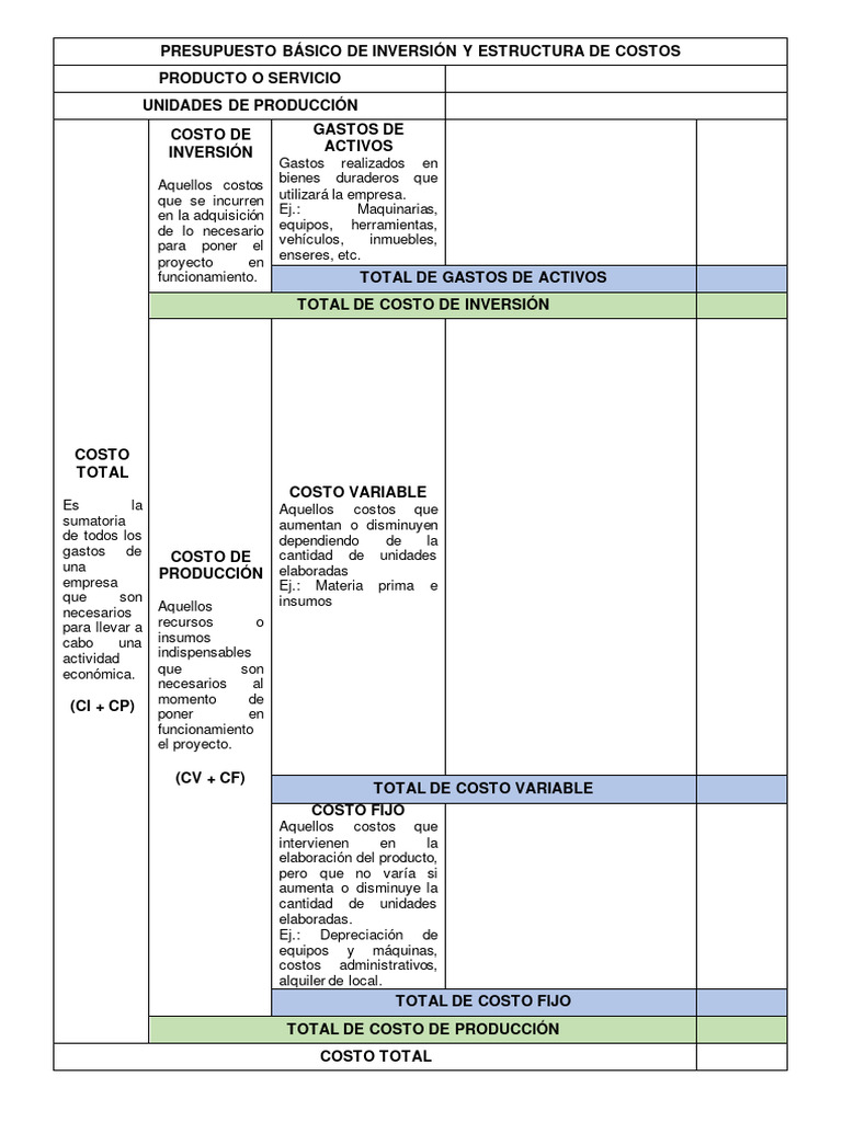 Presupuesto Básico de Inversión y Estructura de Costos | PDF | Costo | Presupuesto
