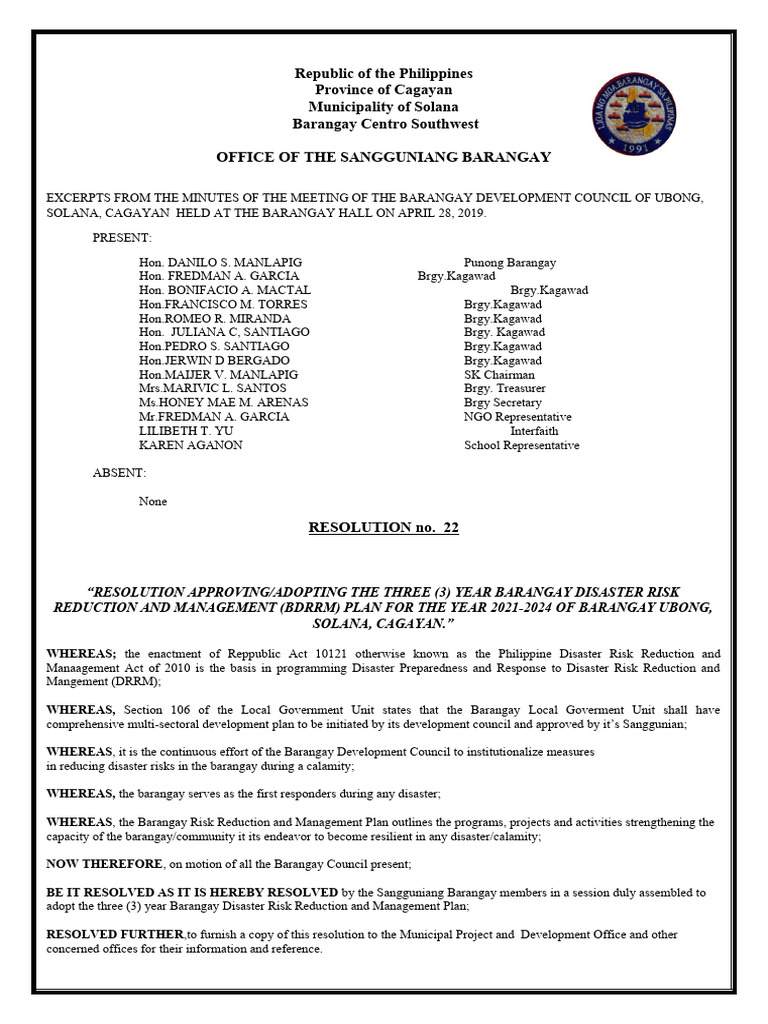 BDRRM Reso For Reccomd and Adopt | PDF | Disaster Risk Reduction ...